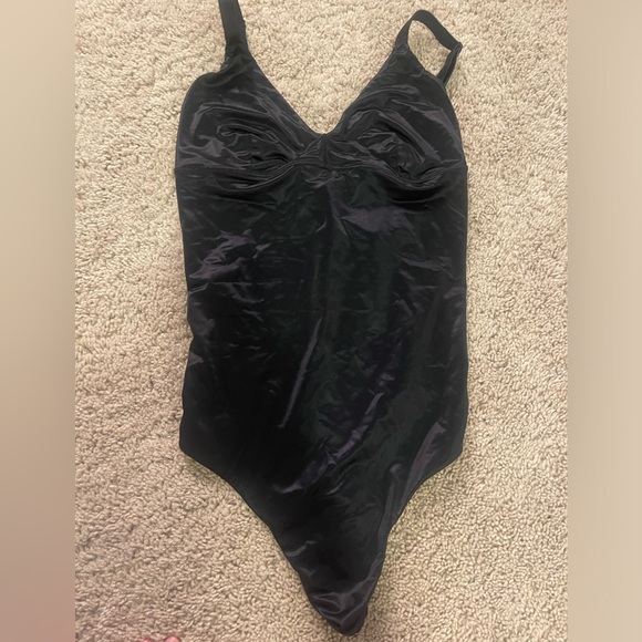 SPANX | Tops | Spanx Shaping Satin Thong Black Bodysuit | Poshmark